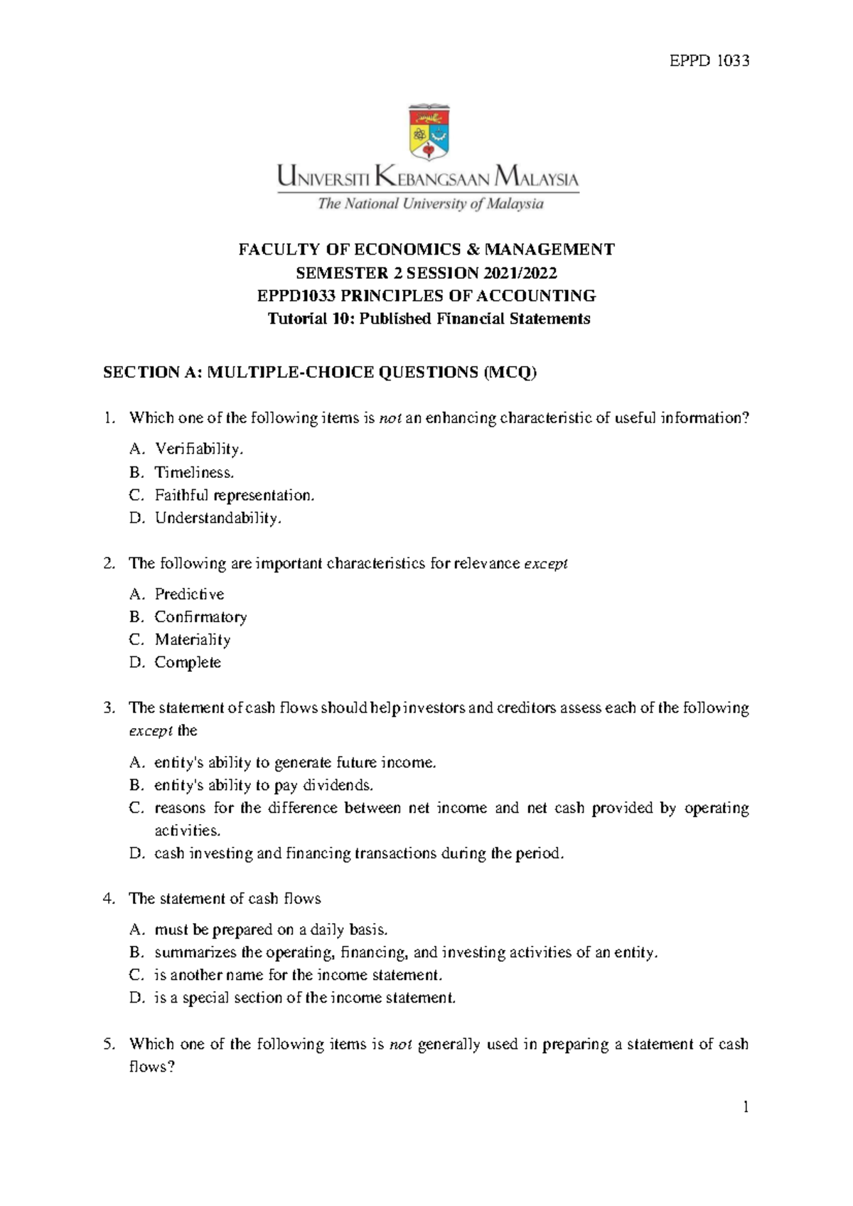 Tutorial 10 Published Financial Statements - FACULTY OF ECONOMICS ...