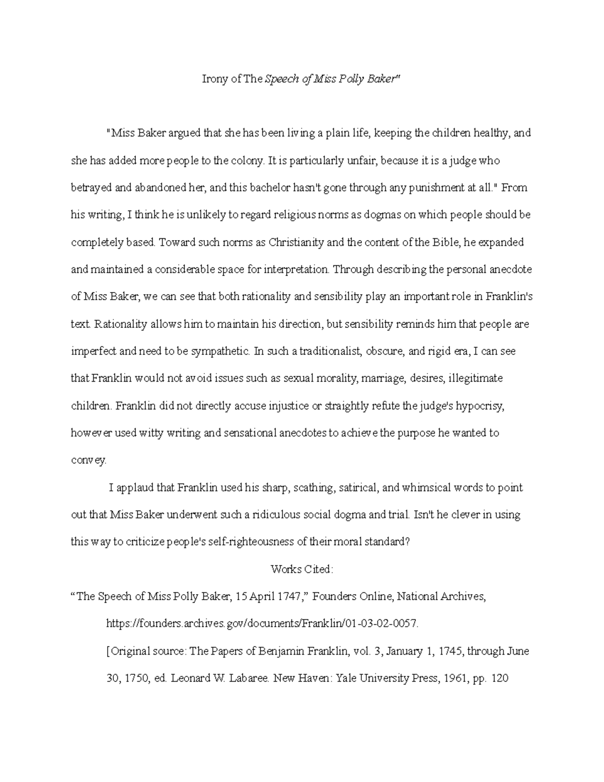 Irony of The Speech of Miss Polly Baker - Irony of The Speech of Miss Polly Baker" "Miss - Studocu