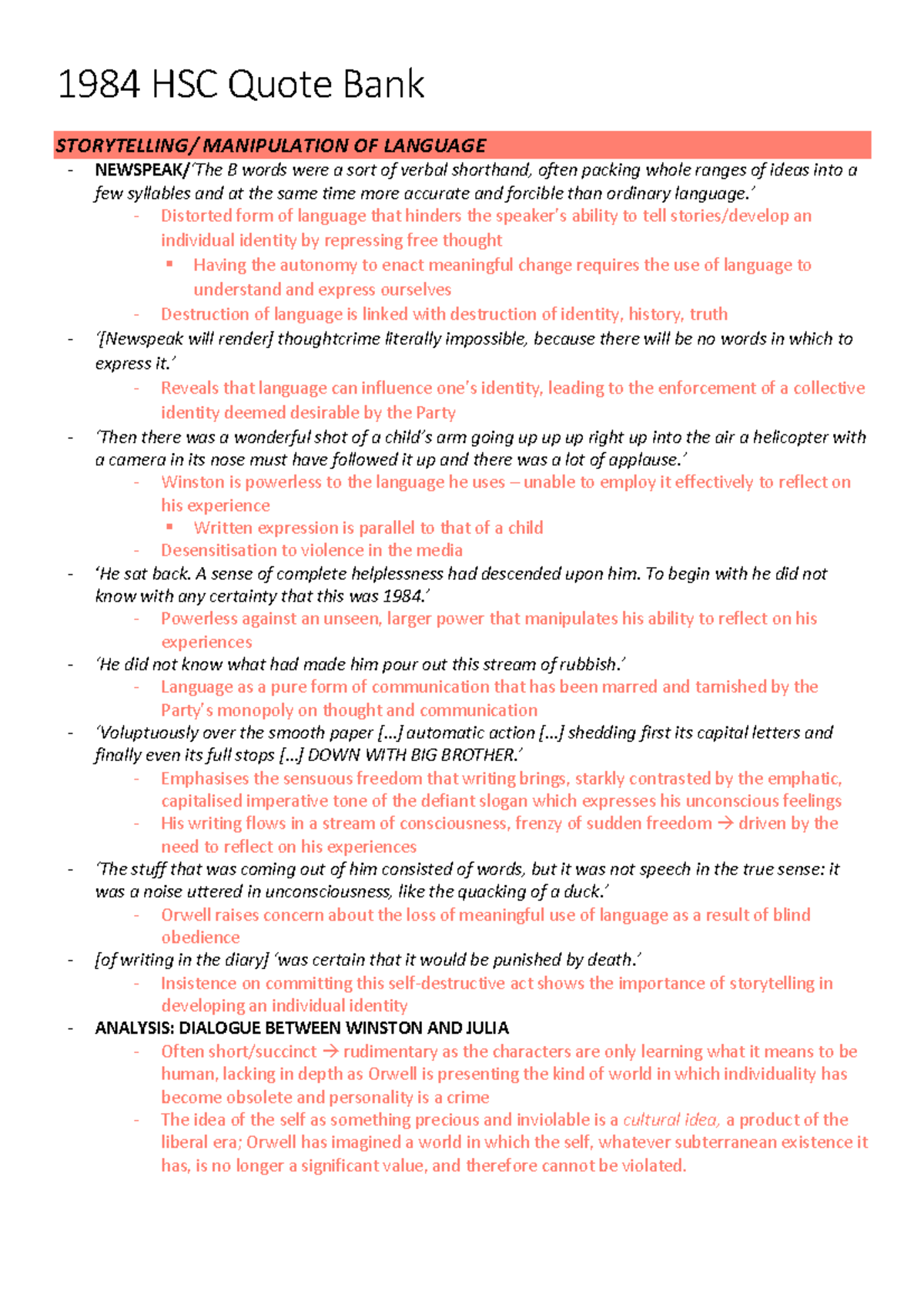 1984 Quote Bank - 1984 HSC Quote Bank STORYTELLING/ MANIPULATION OF ...