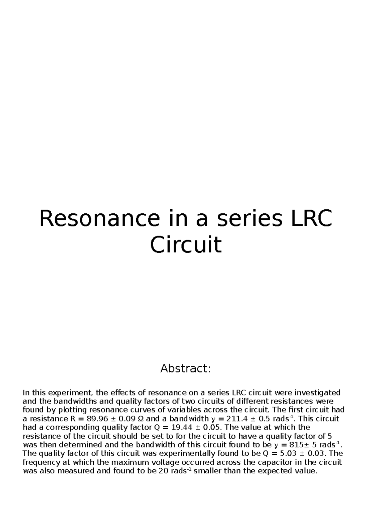 Resonant LRC series circuit copy - Resonance in a series LRC Circuit ...