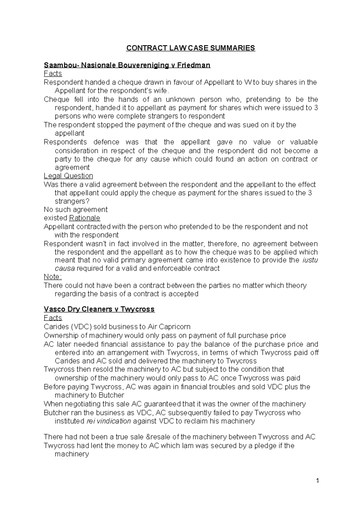 Contract LAW CASE Summaries - CONTRACT LAW CASE SUMMARIES Saambou- Nasionale Bouvereniging v ...
