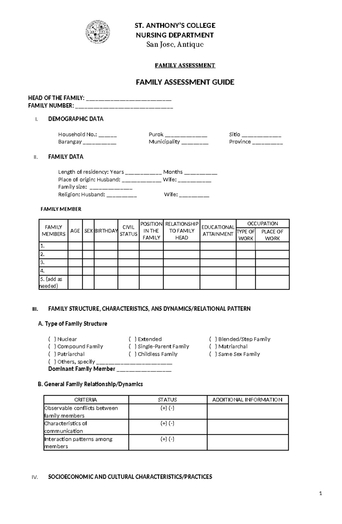 Family-Assessment-Guide - ST. ANTHONY’S COLLEGE NURSING DEPARTMENT San ...