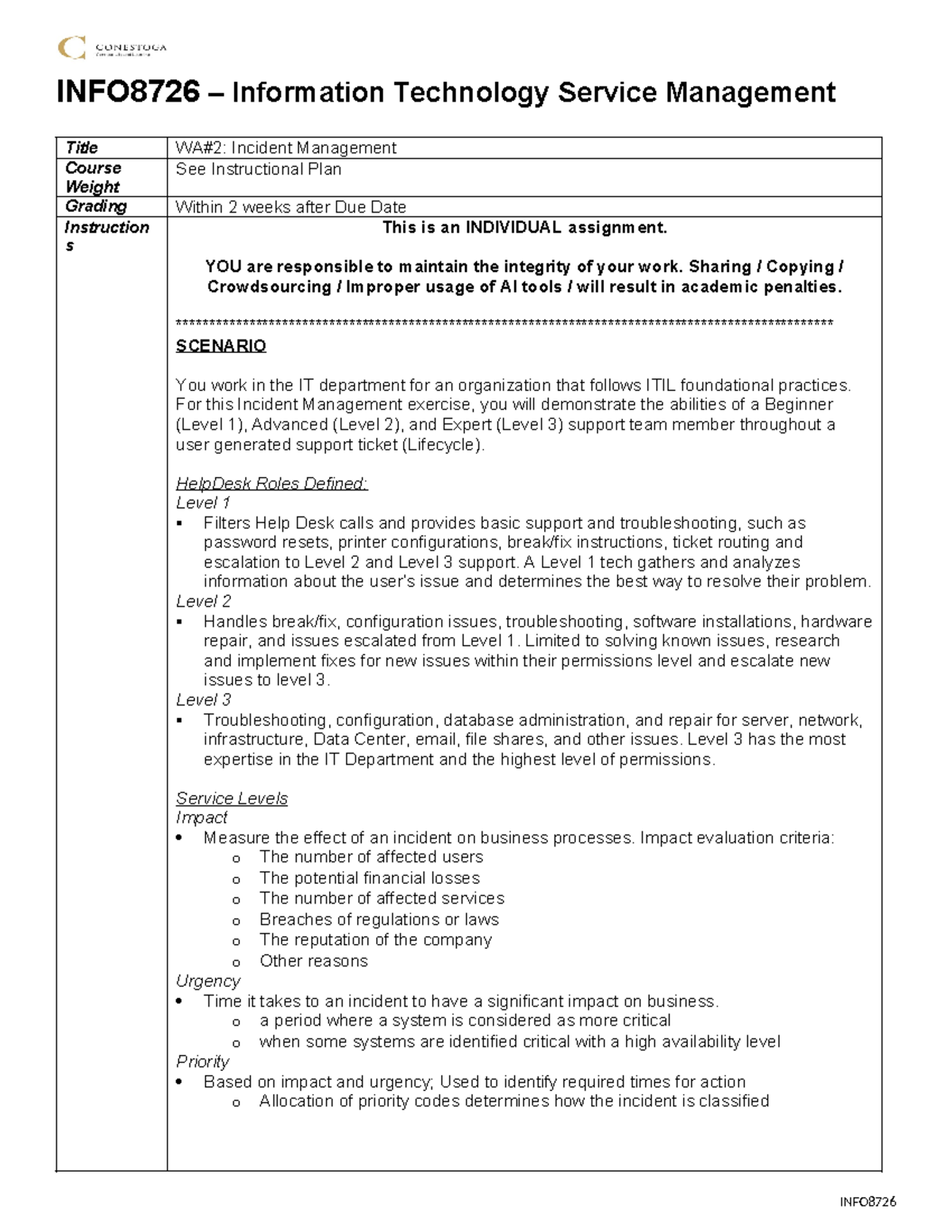 Assignment Brief Instructions - Incident Management - INFO8726 ...