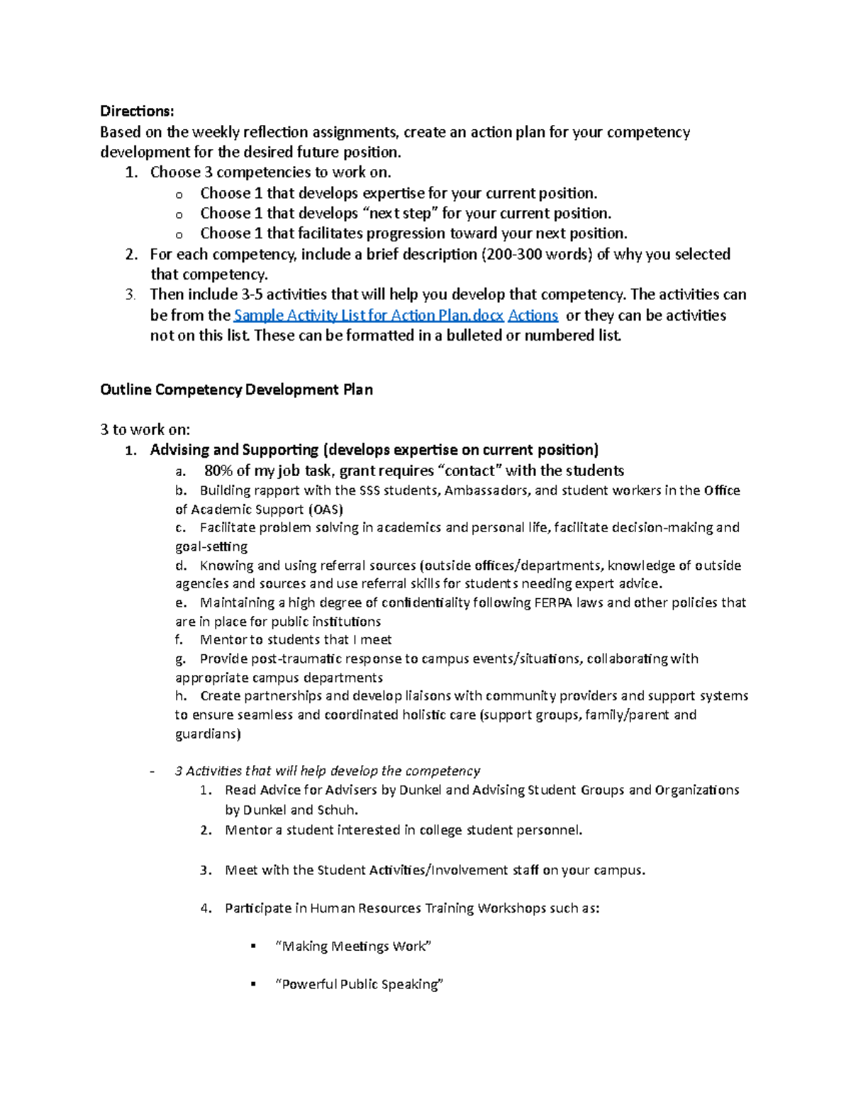 Competency Plan Outline - Directions: Based on the weekly reflection ...
