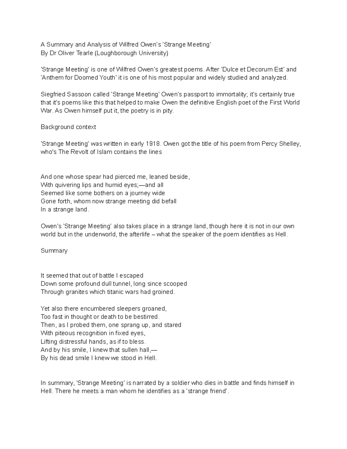 A Summary and Analysis of Wilfred Owen’s ‘Strange Meeting’ - After ‘Dulce et Decorum Est’ and ...