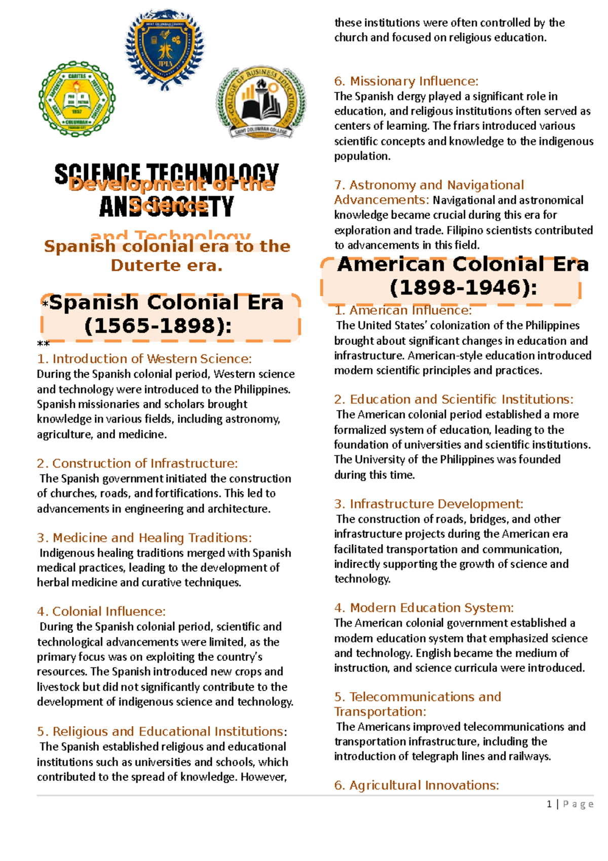 Spanish colonial era to the Duterte era. - SCIENCE TECHNOLOGY AND ...