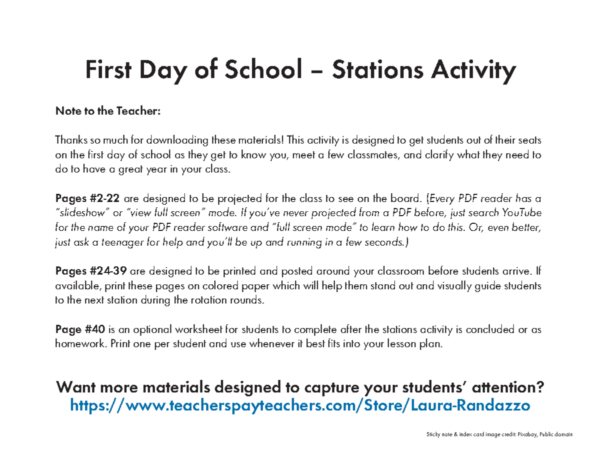First Day Stations English Classes - First Day of School – Stations ...