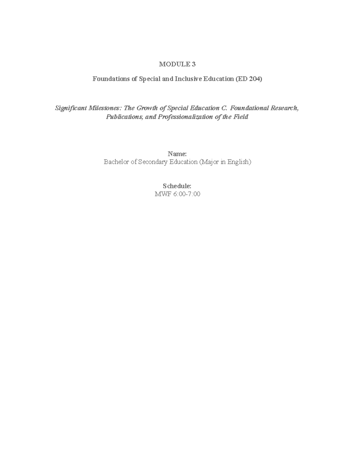 Foundations OF Special ED Workbook - MODULE 3 Foundations of Special ...