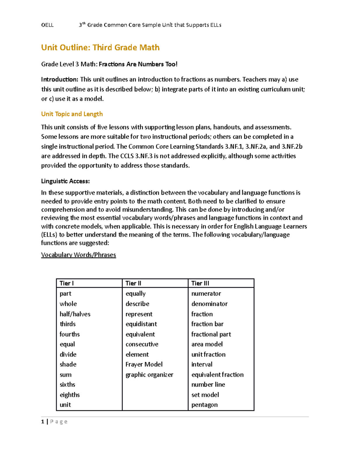 3rdgrade Unit Fractionsarenumberstoo - Unit Outline: Third Grade Math ...