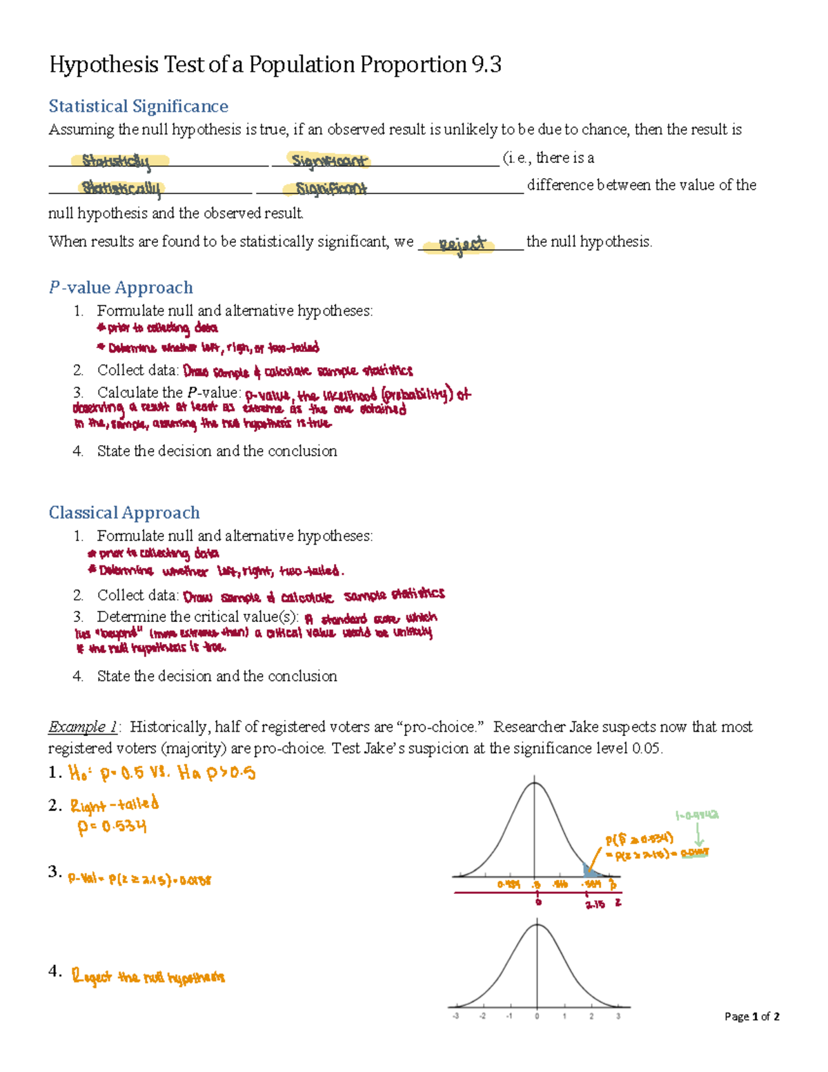 Stat Lit+9.3 Hypothesis Test of Population Proportions - Page 1 of 2 ...