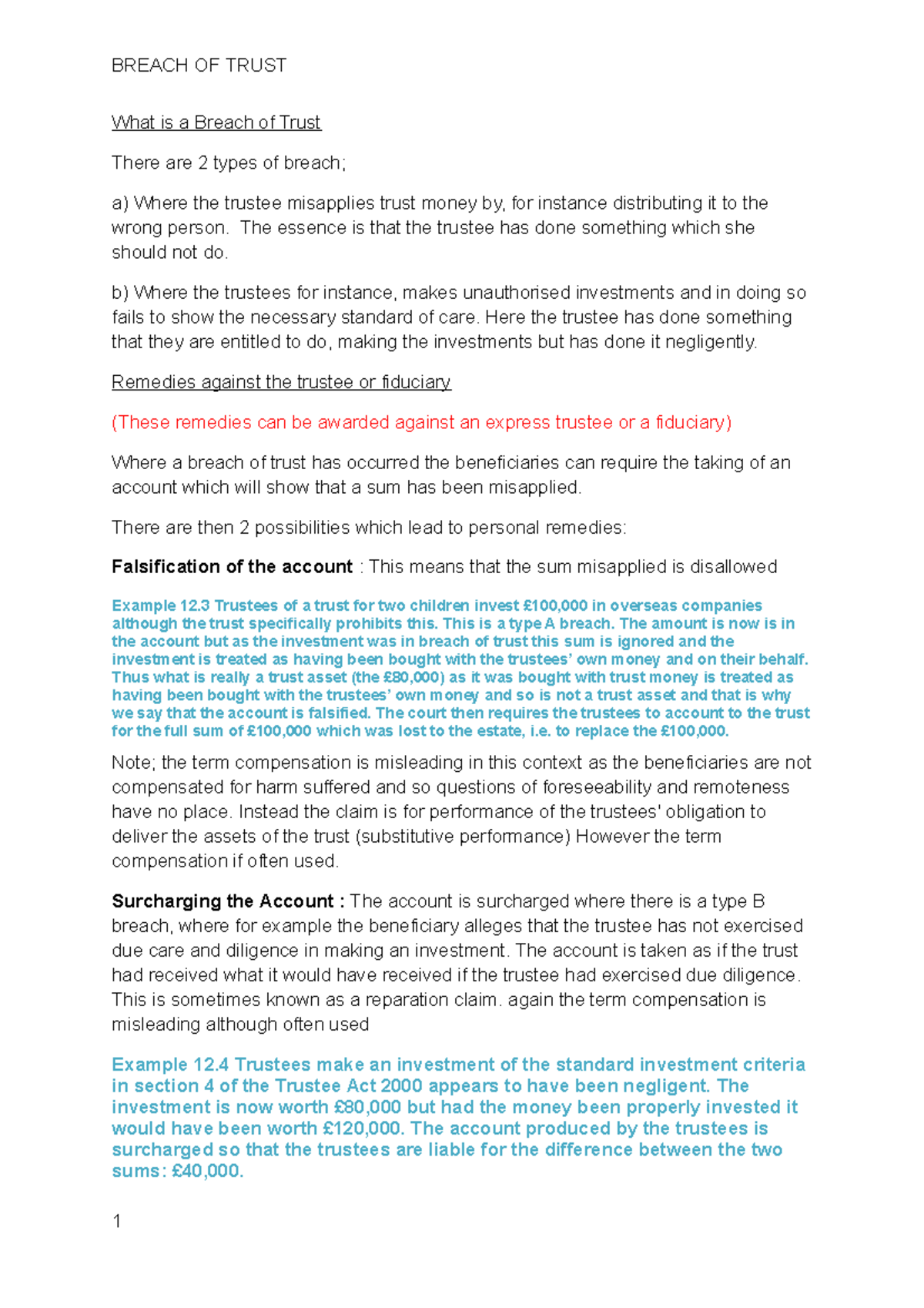 Breach Of Trust Notes BREACH OF TRUST What Is A Breach Of Trust There