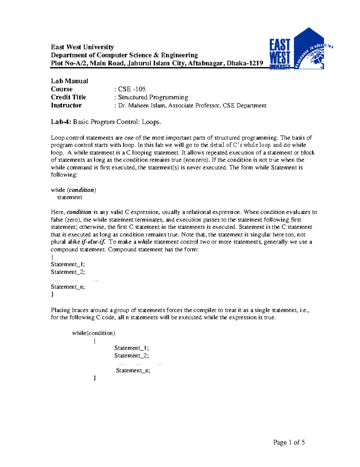 Cse 103 Lab 4 Lab Material East West University Department Of Computer Science And Engineering
