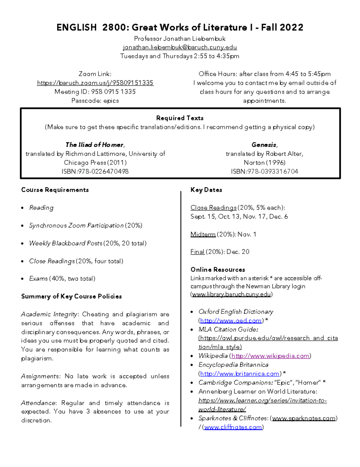 Syllabus-Eng 2800 Liebembuk Fall22 PDF - ENGLISH 2800: Great Works of ...