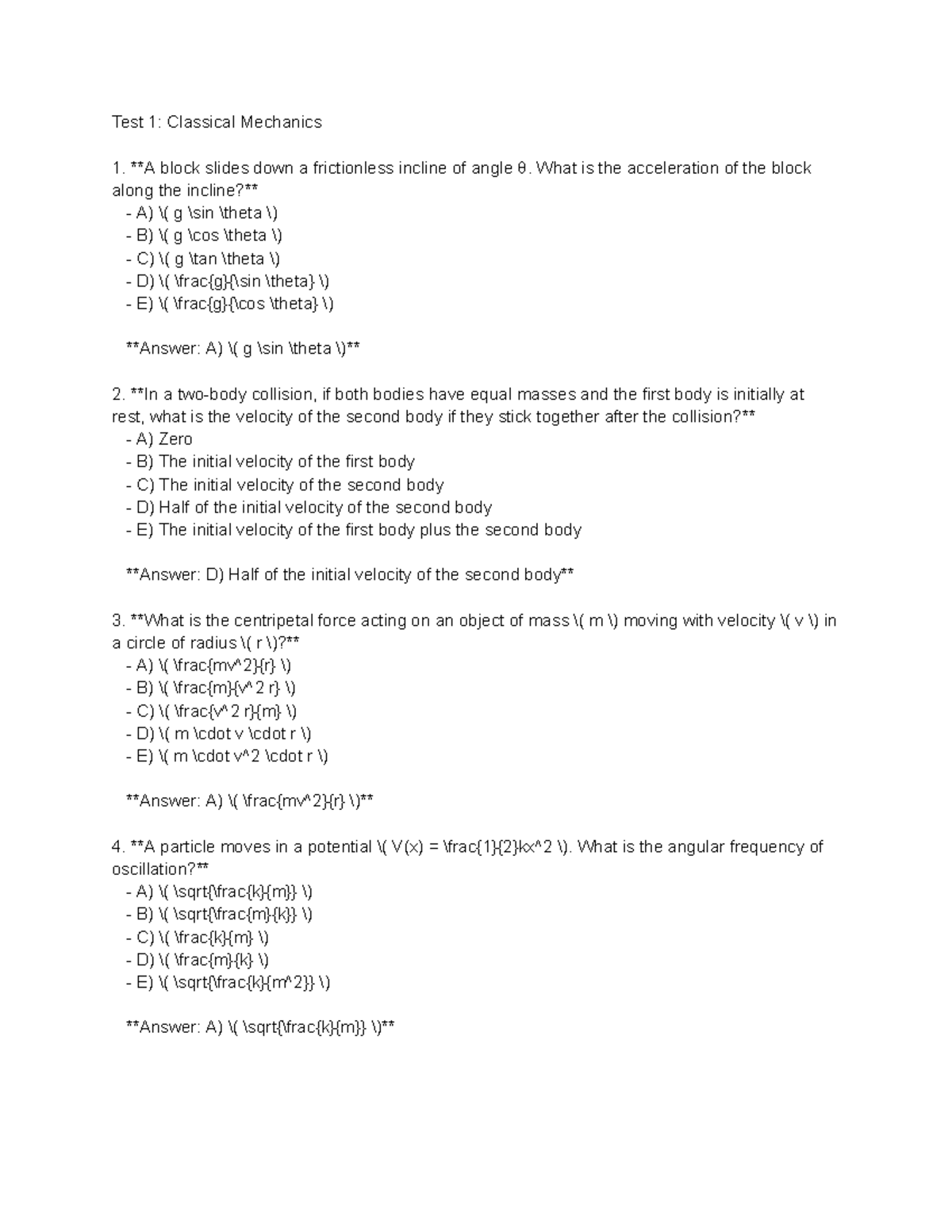 PHYS 1412 Classical Mechanics - Test 1: Classical Mechanics A block ...