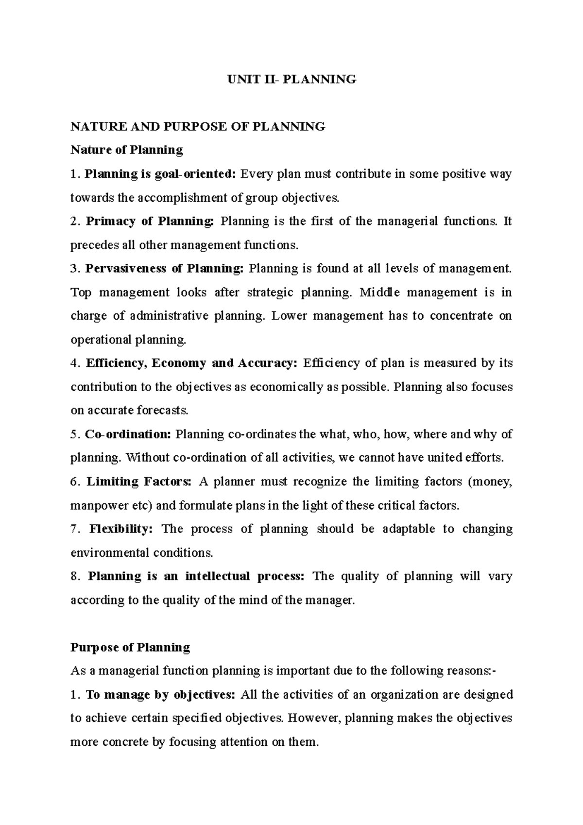 Unit 2 notes - UNIT II- PLANNING NATURE AND PURPOSE OF PLANNING Nature ...