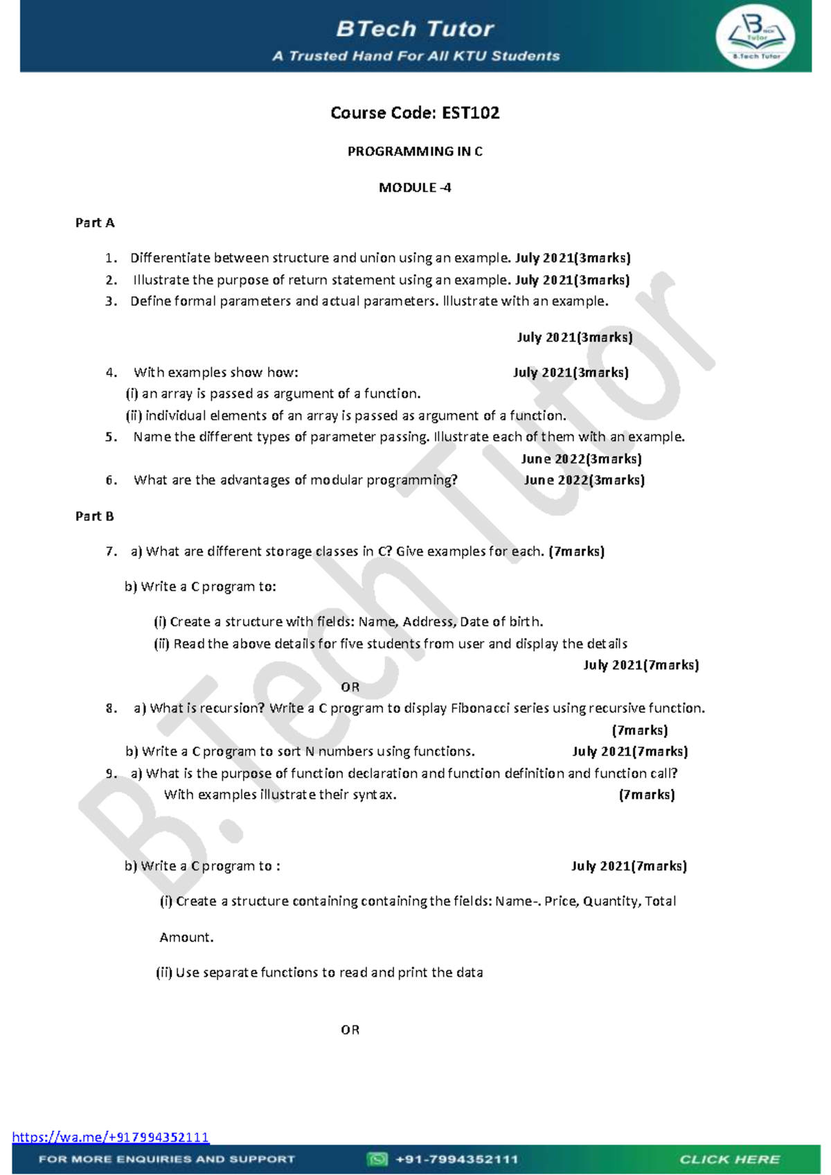 C Programme Module 4 Question Wa Course Code Est Programming In C