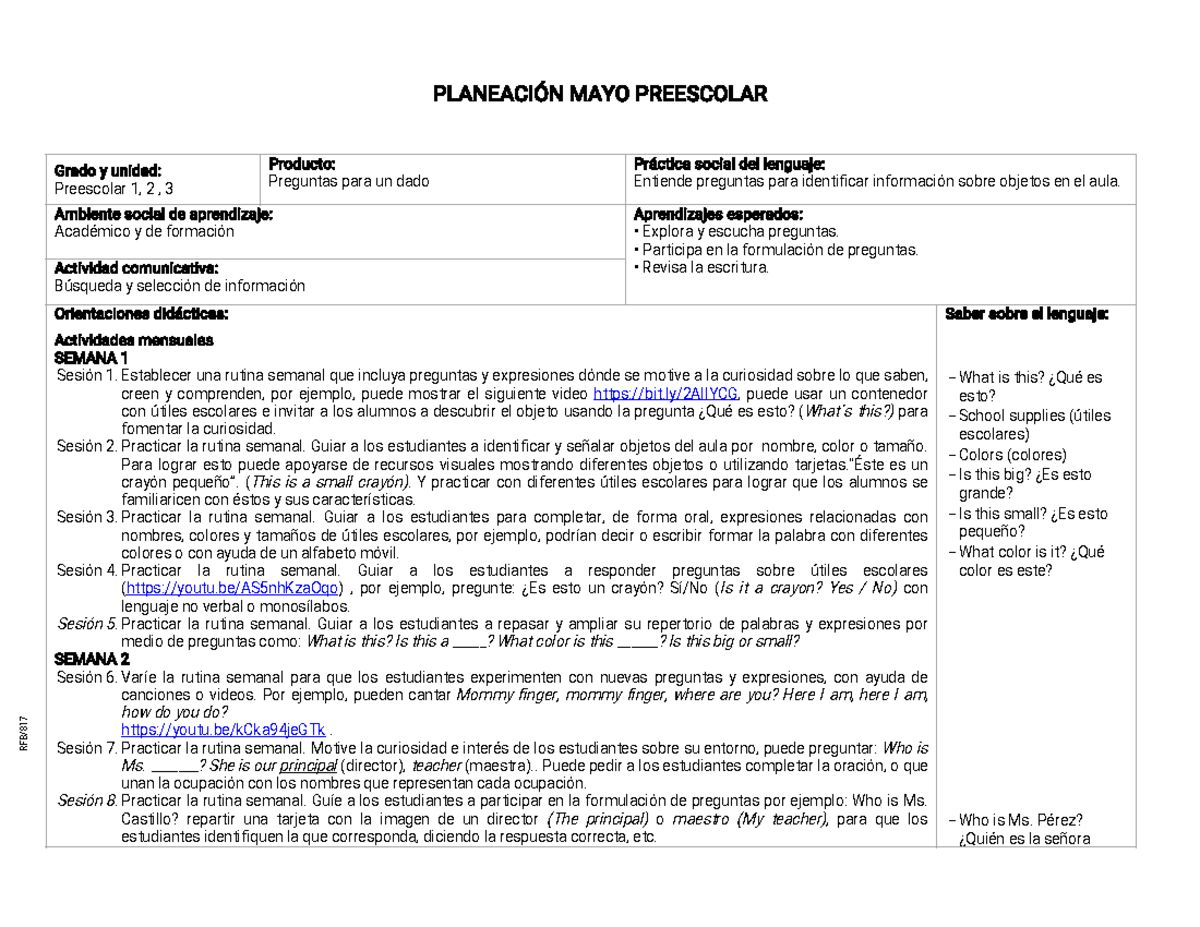 Planeación Preescolar mayo - RFB/ PLANEACIÓN MAYO PREESCOLAR Grado y ...