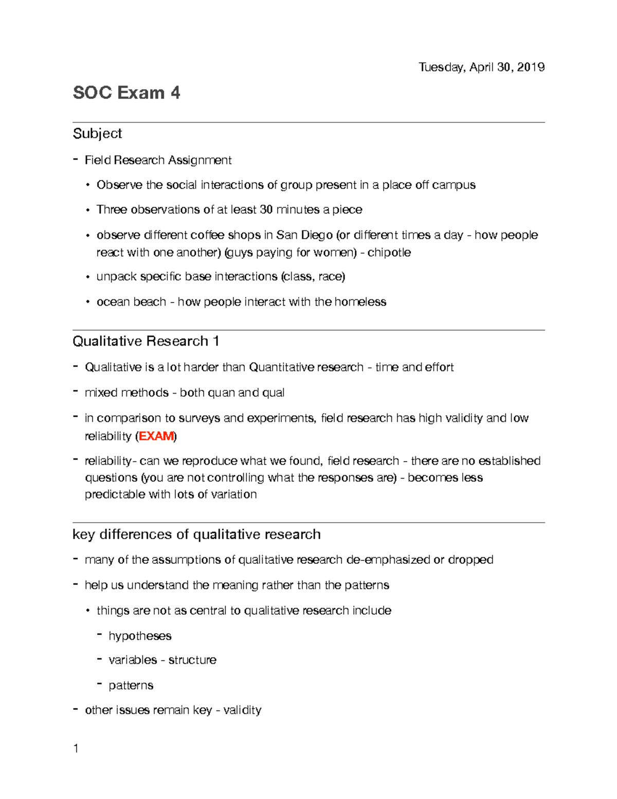SOC EXAM 4 - SOC Exam 4 Subject - Field Research Assignment • Observe ...