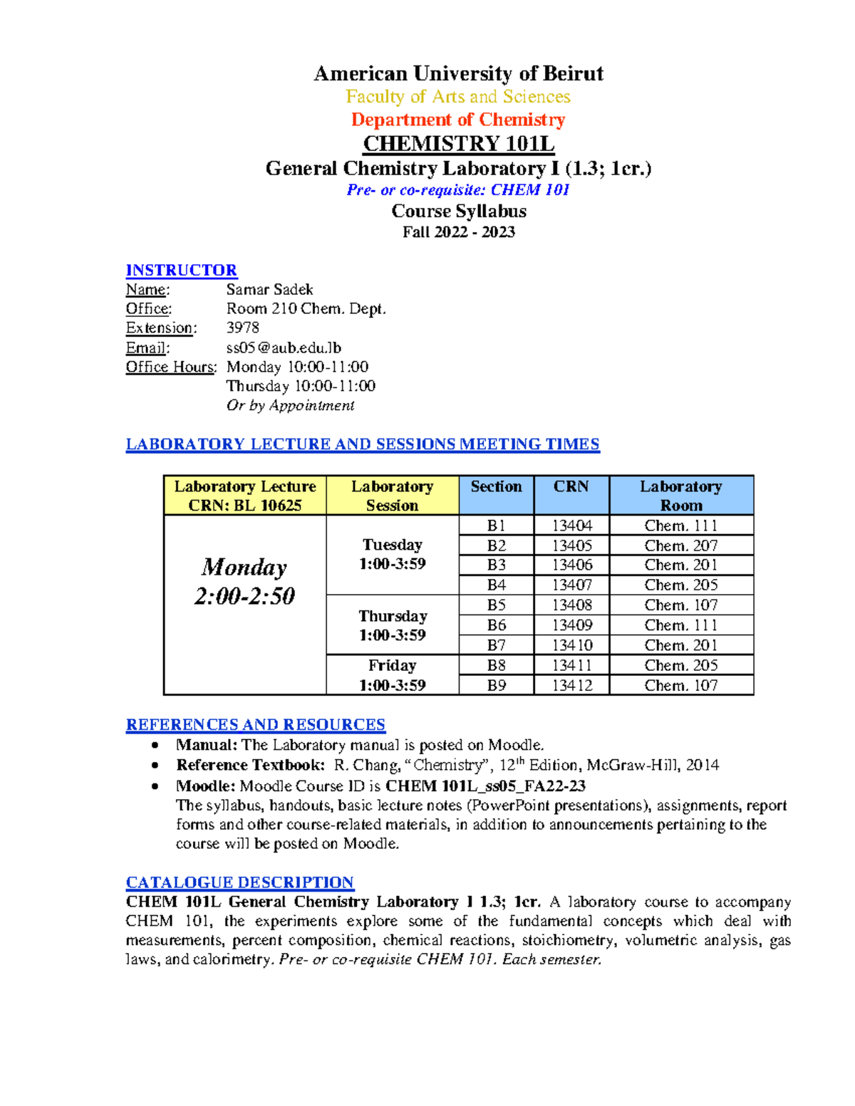 CHEM 101L syllabus Fall 22-23 - American University of Beirut ...