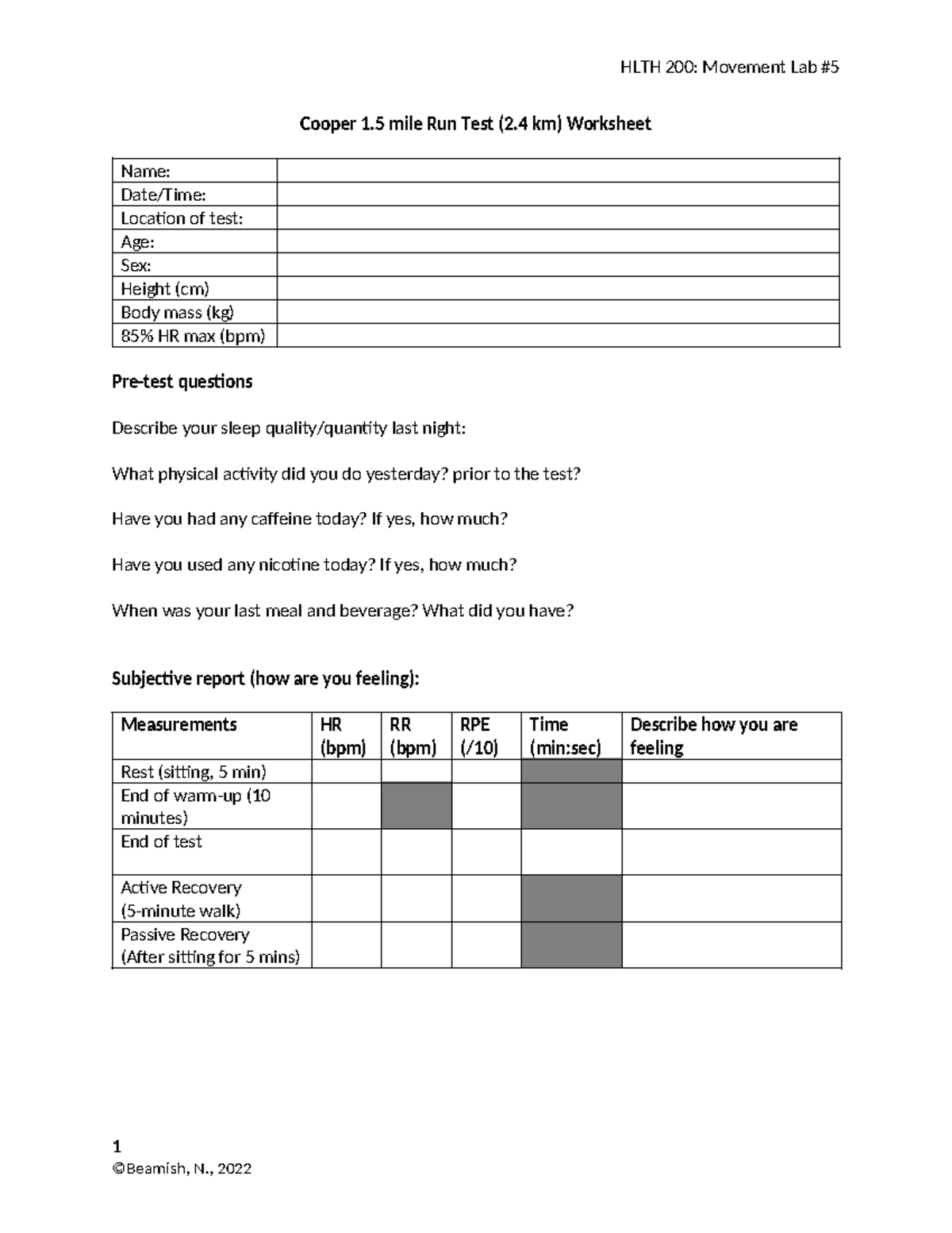 Cooper 1.5 mile Run Test - HLTH 200: Movement Lab Cooper 1 mile Run ...