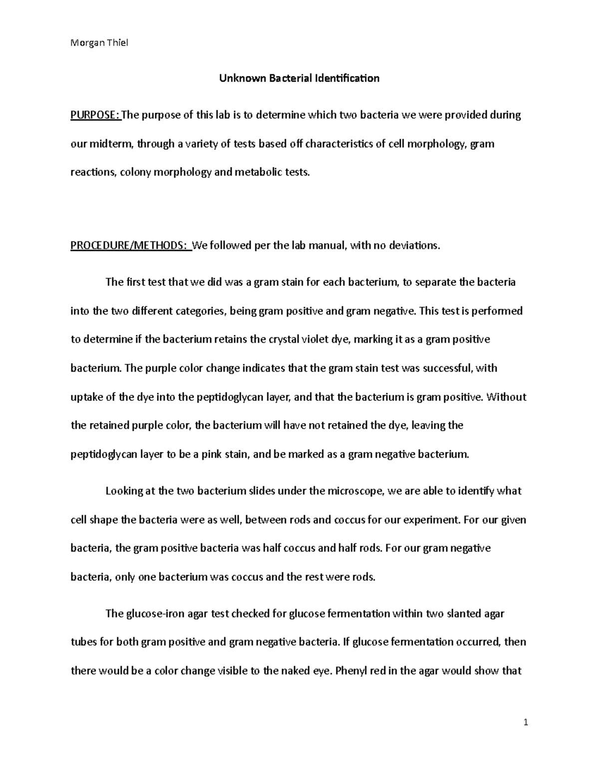 Unknown Bacteria Indentification lab report - Unknown Bacterial ...