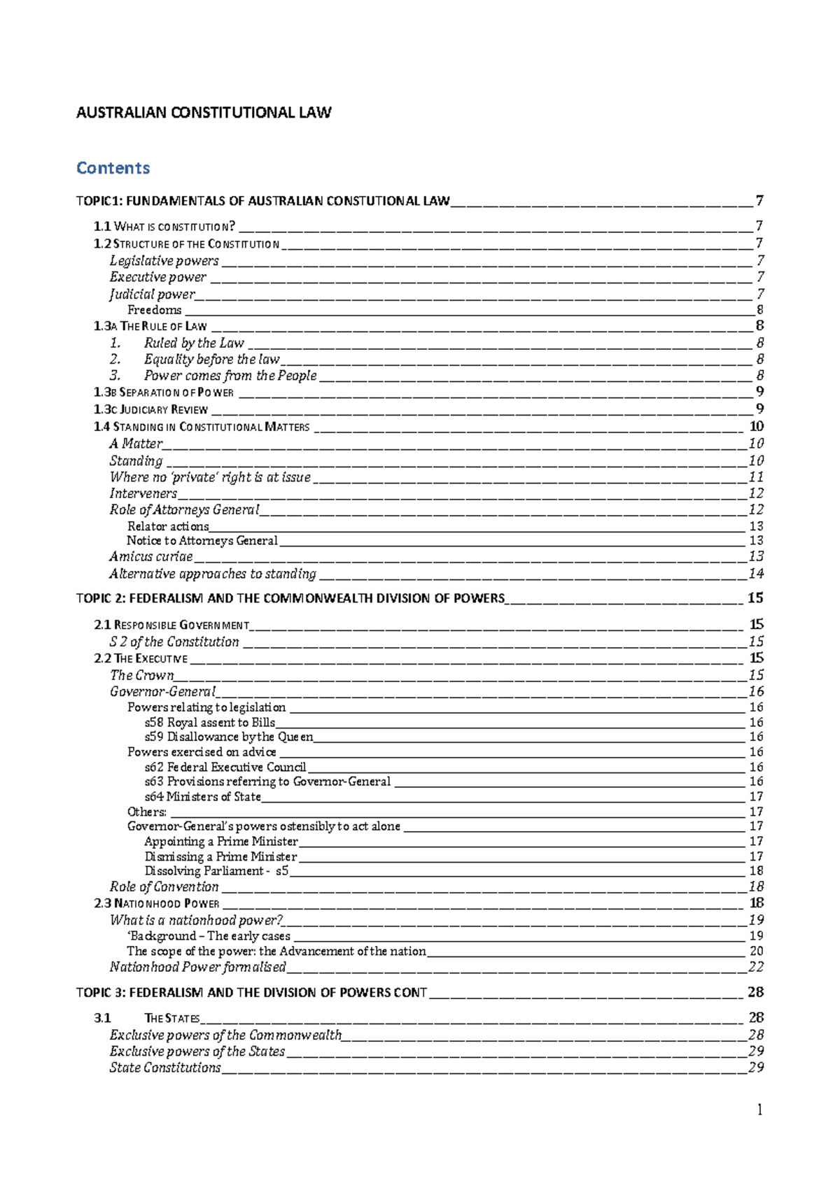 Constitutional law notes - AUSTRALIAN CONSTITUTIONAL LAW Contents ...