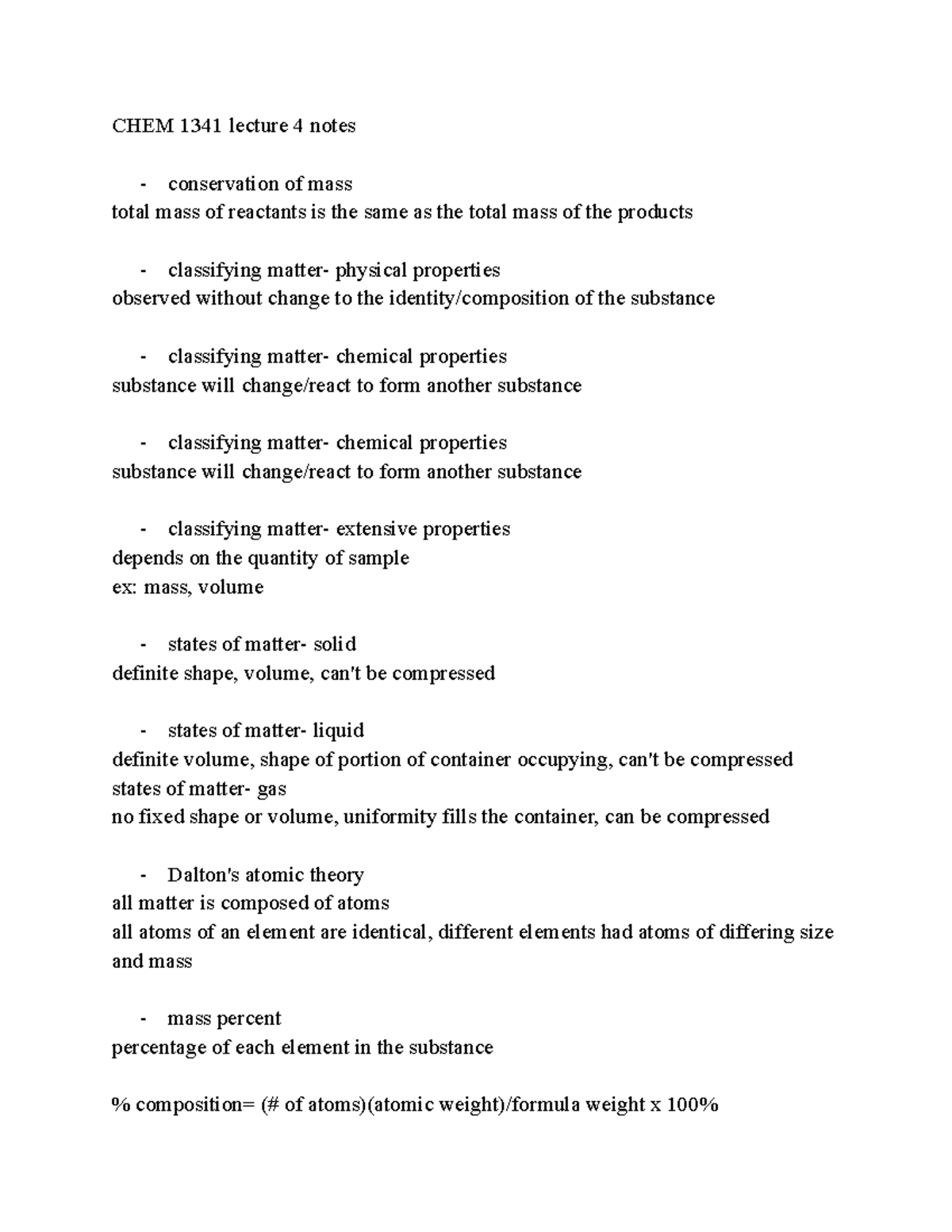 CHEM 1341 lecture 4 notes - CHEM 1341 lecture 4 notes conservation of ...
