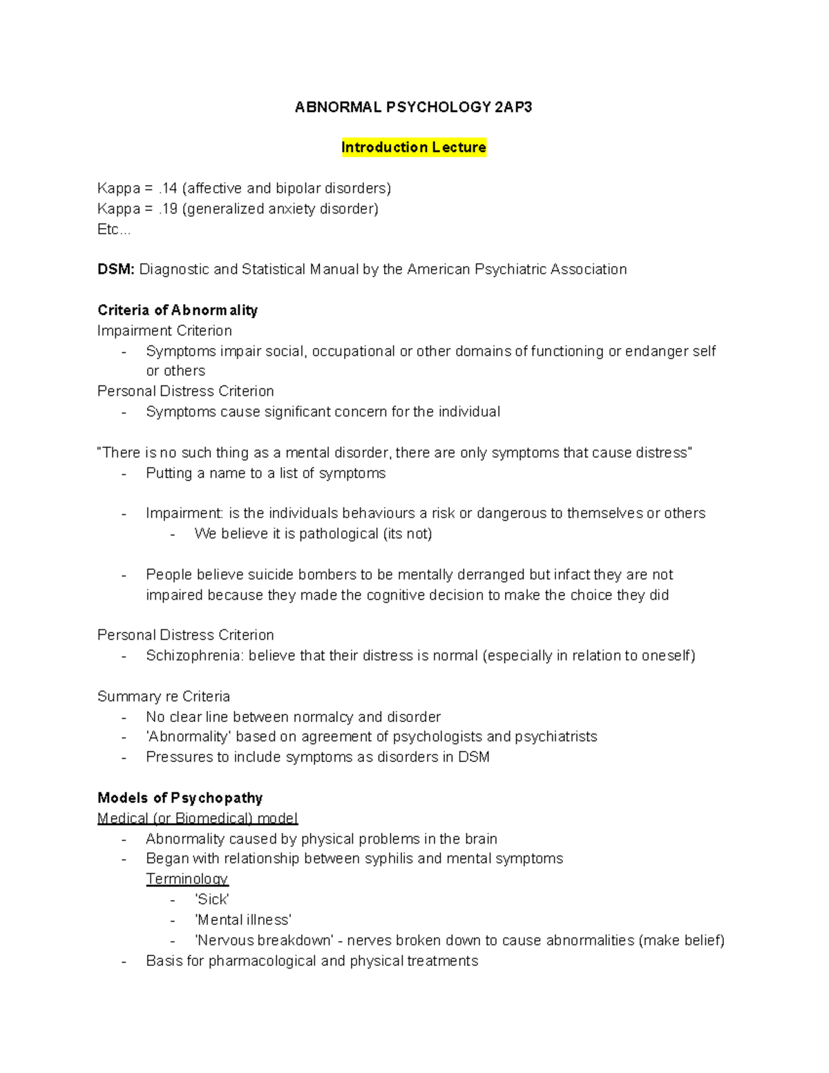 Abnormal Psychology 2AP3 - ABNORMAL PSYCHOLOGY 2AP3 Introduction ...