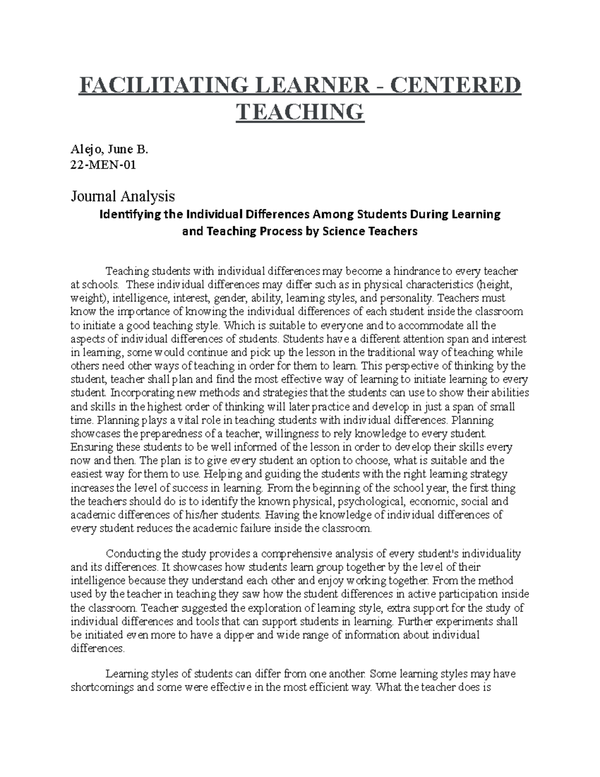Journal Analysis student - FACILITATING LEARNER - CENTERED TEACHING ...