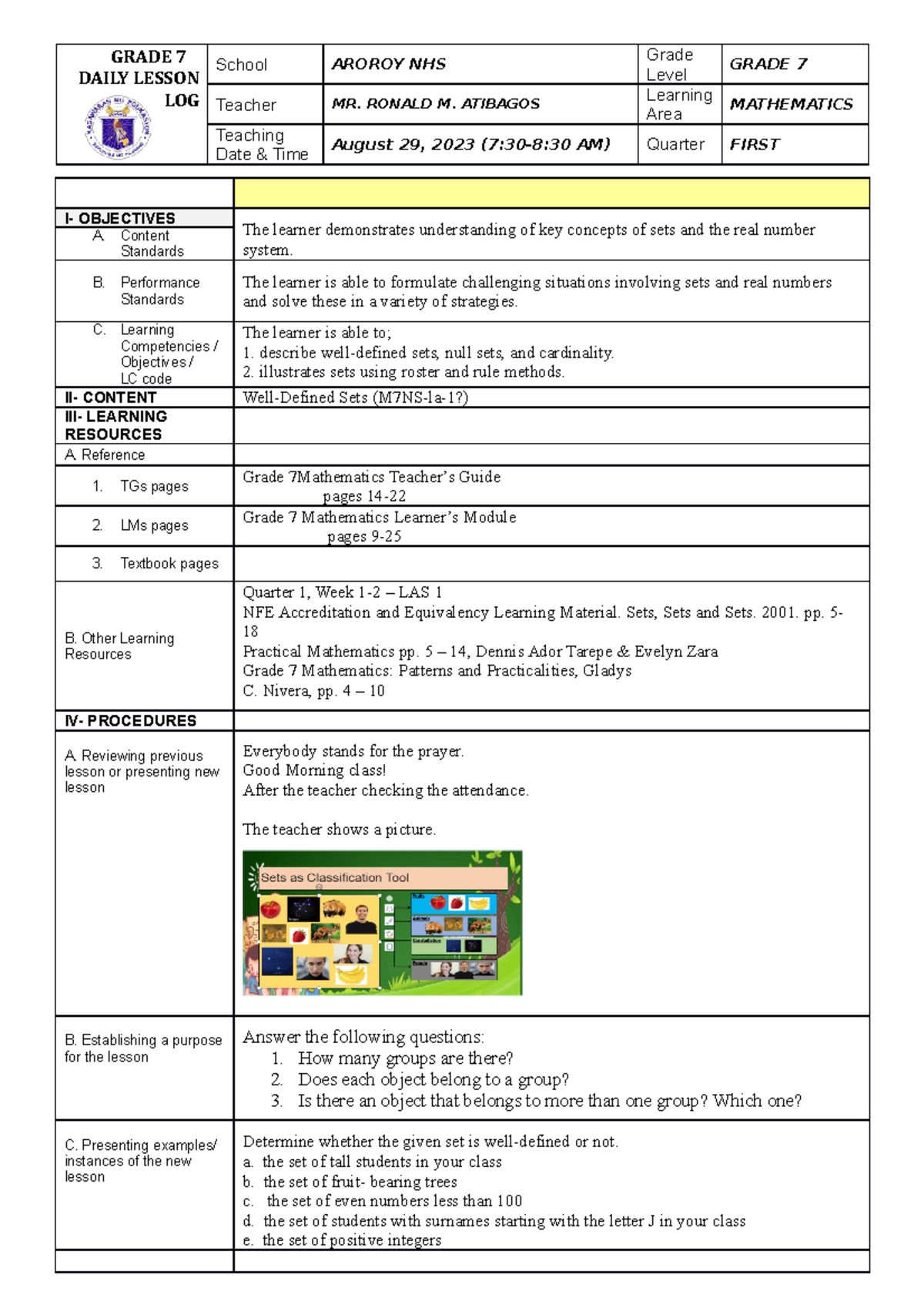 LP W1 WELL Defined SET Autosaved 2 - GRADE 7 DAILY LESSON LOG School AROROY NHS Grade Level ...