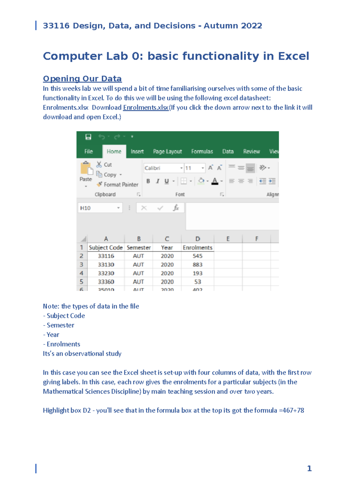 Computer Lab 0 Note - Computer Lab 0: basic functionality in Excel ...