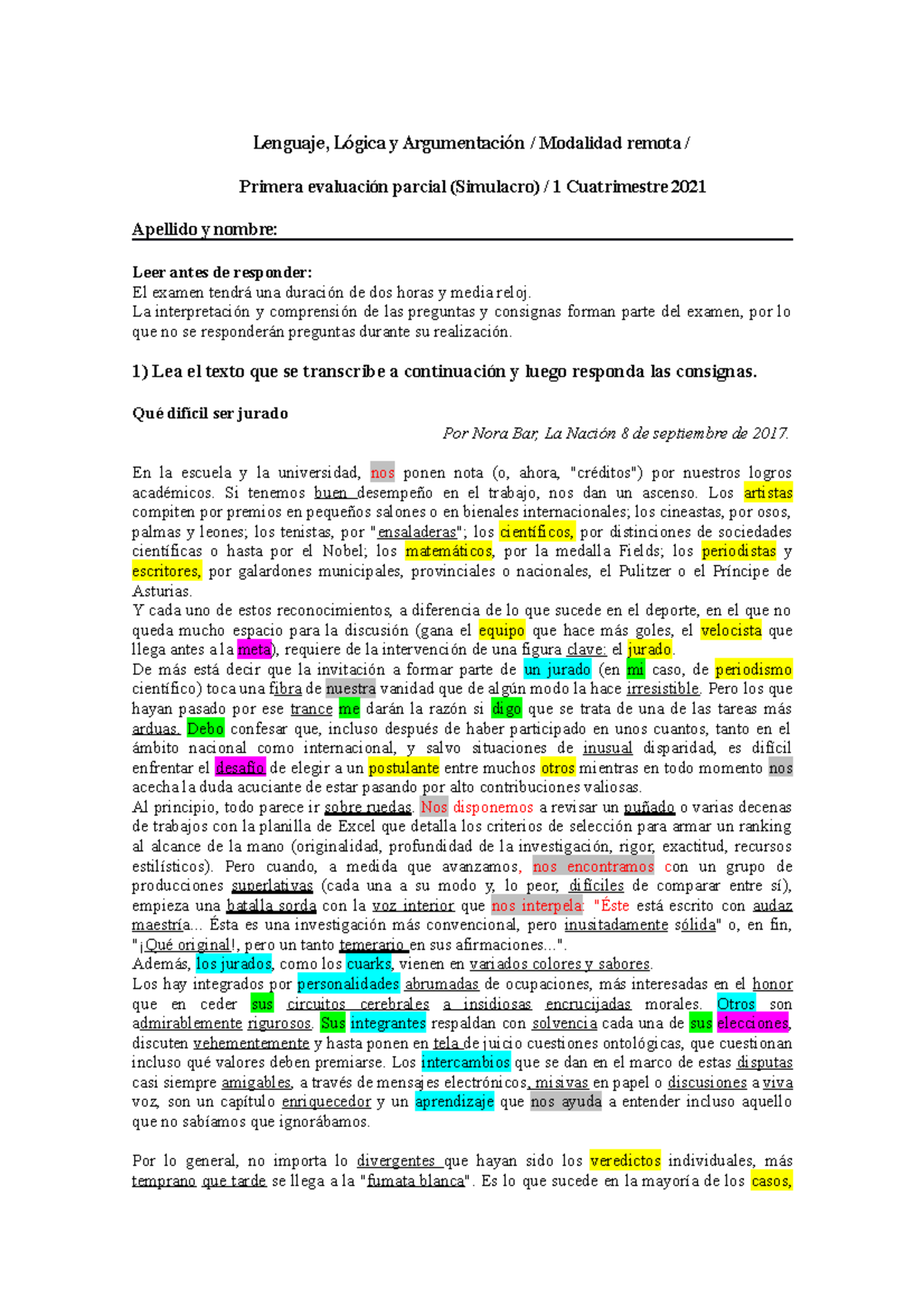 Modelo de parcial - Lenguaje, Lógica y Argumentación / Modalidad remota / Primera evaluación ...