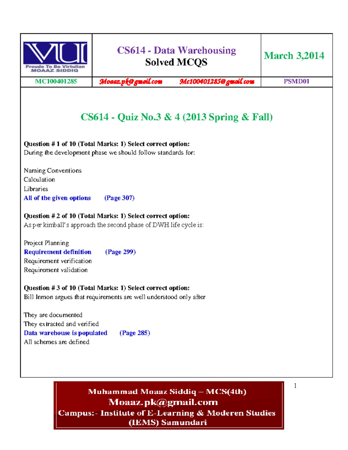 CS614 quiz 3 nd 4 - CS614 - Data Warehousing Solved MCQS March 3 ...