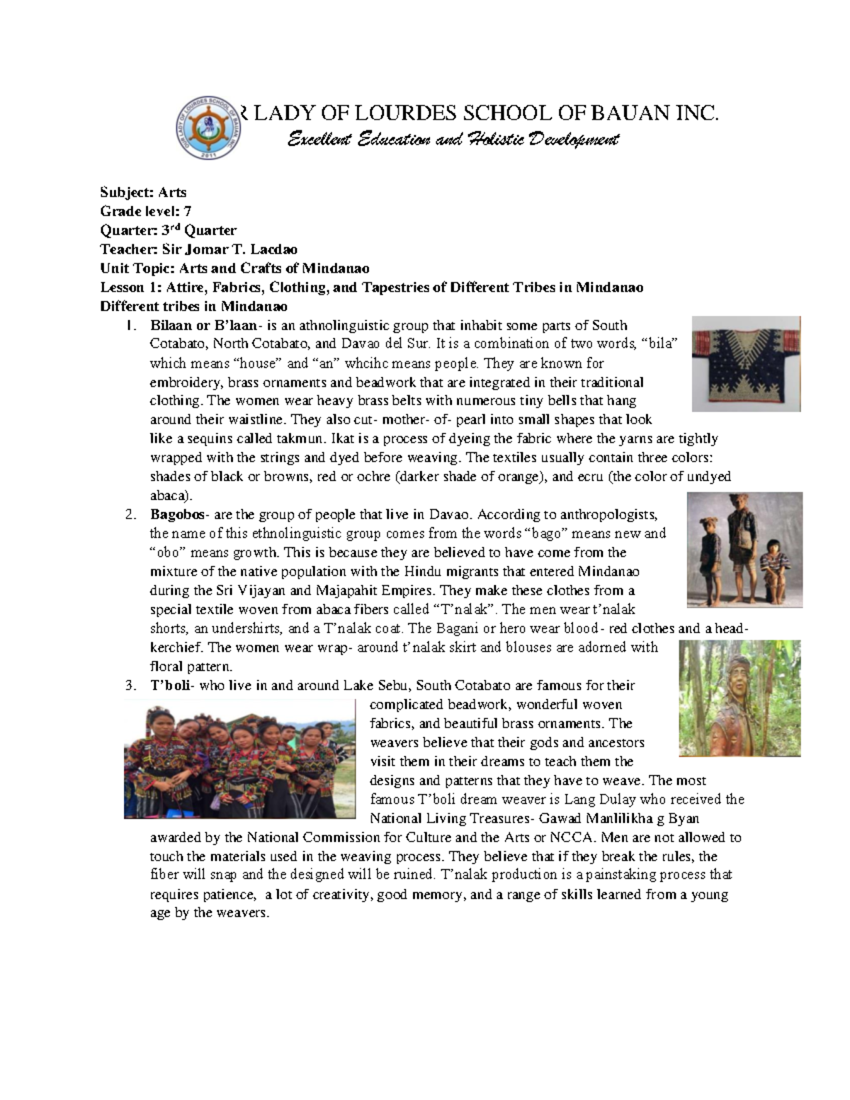 Arts-7. - Lesson - OUR LADY OF LOURDES SCHOOL OF BAUAN INC. Excellent ...