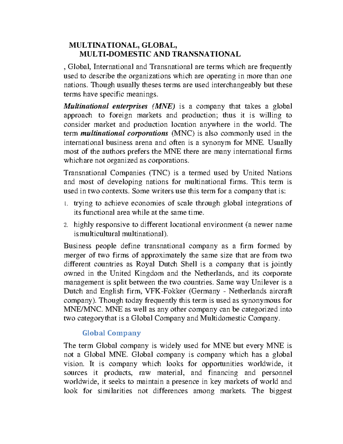 Multinational - MNC - MULTINATIONAL, GLOBAL, MULTI-DOMESTIC AND ...