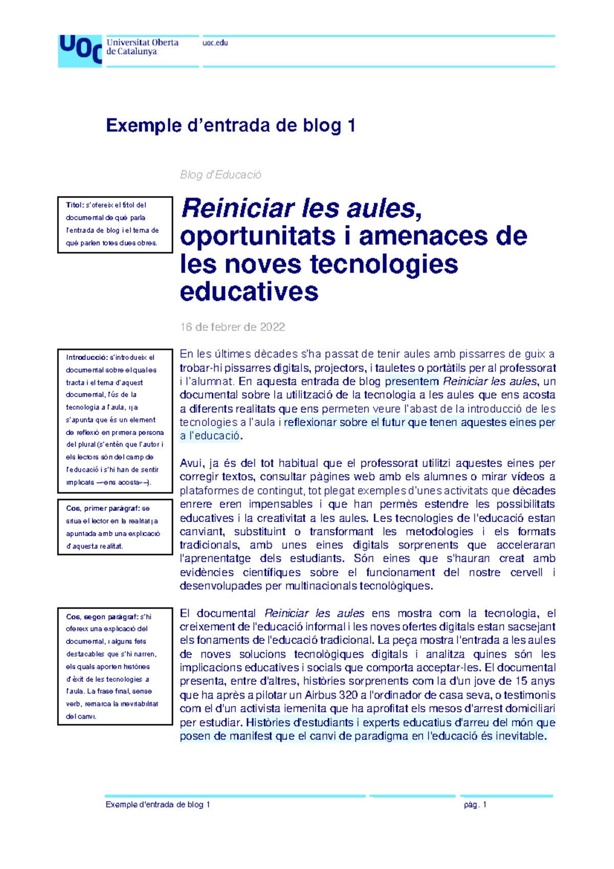 Entrada a blog 1 - Exemple d’entrada de blog 1 pàg. 1 Exemple d’entrada ...