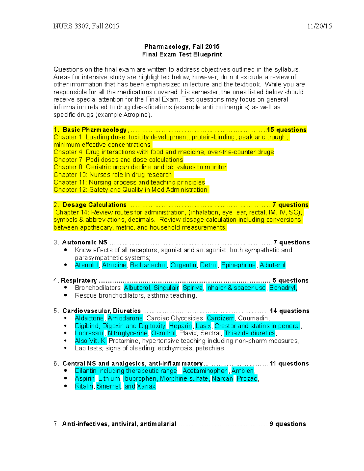Final blueprint fall 2015-1 - NURS 3307, Fall 2015 11/20/ Pharmacology, Fall 2015 Final Exam ...