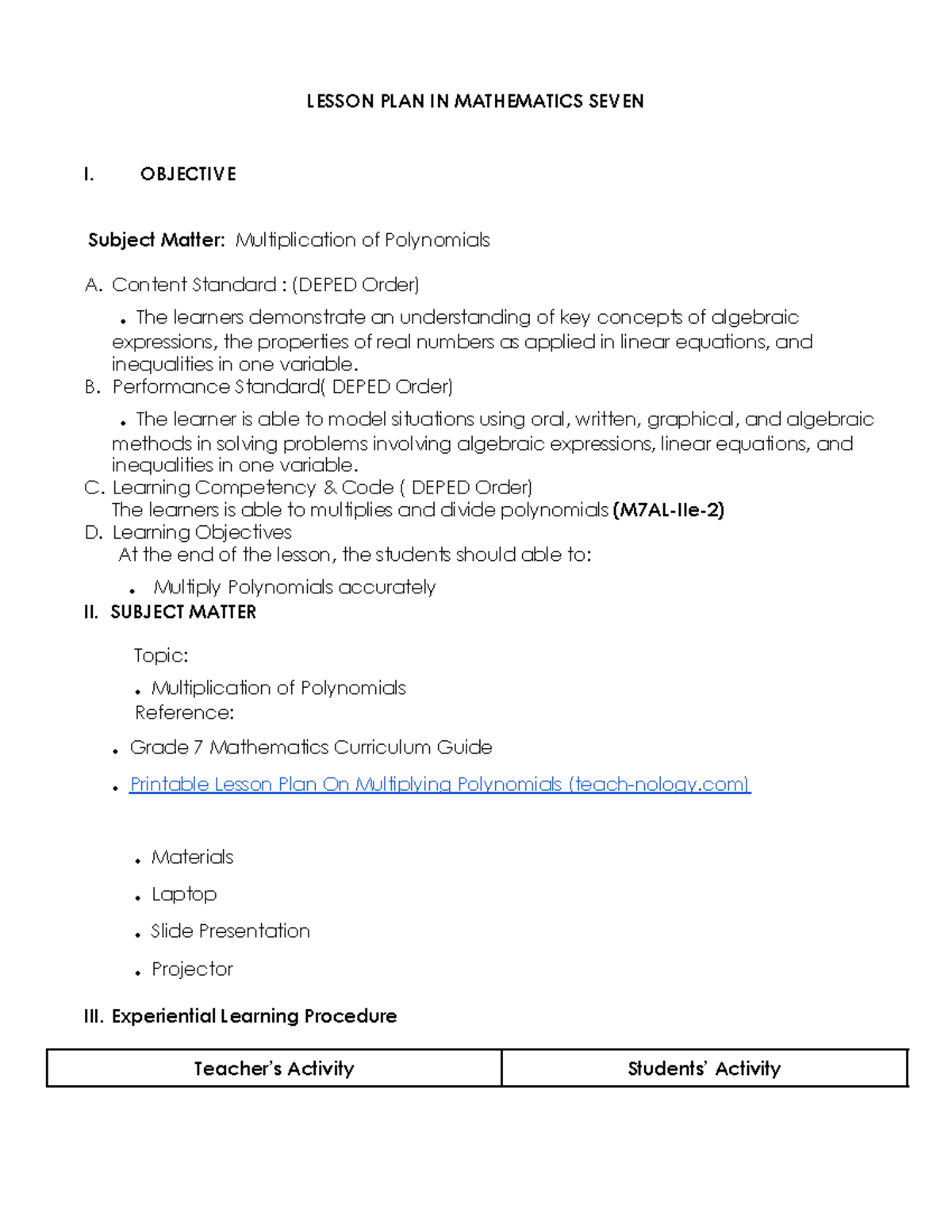 Multiplication Of Polynomials LESSON PLAN IN MATHEMATICS SEVEN I 