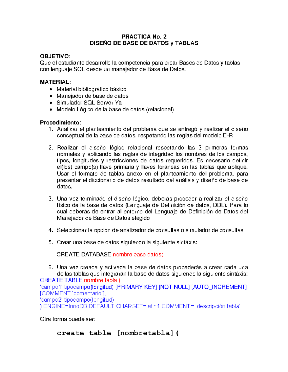 PRAC 2 Base Datos Tablas BASE DE Datos DDL - PRACTICA No. 2 DISEÑO DE ...