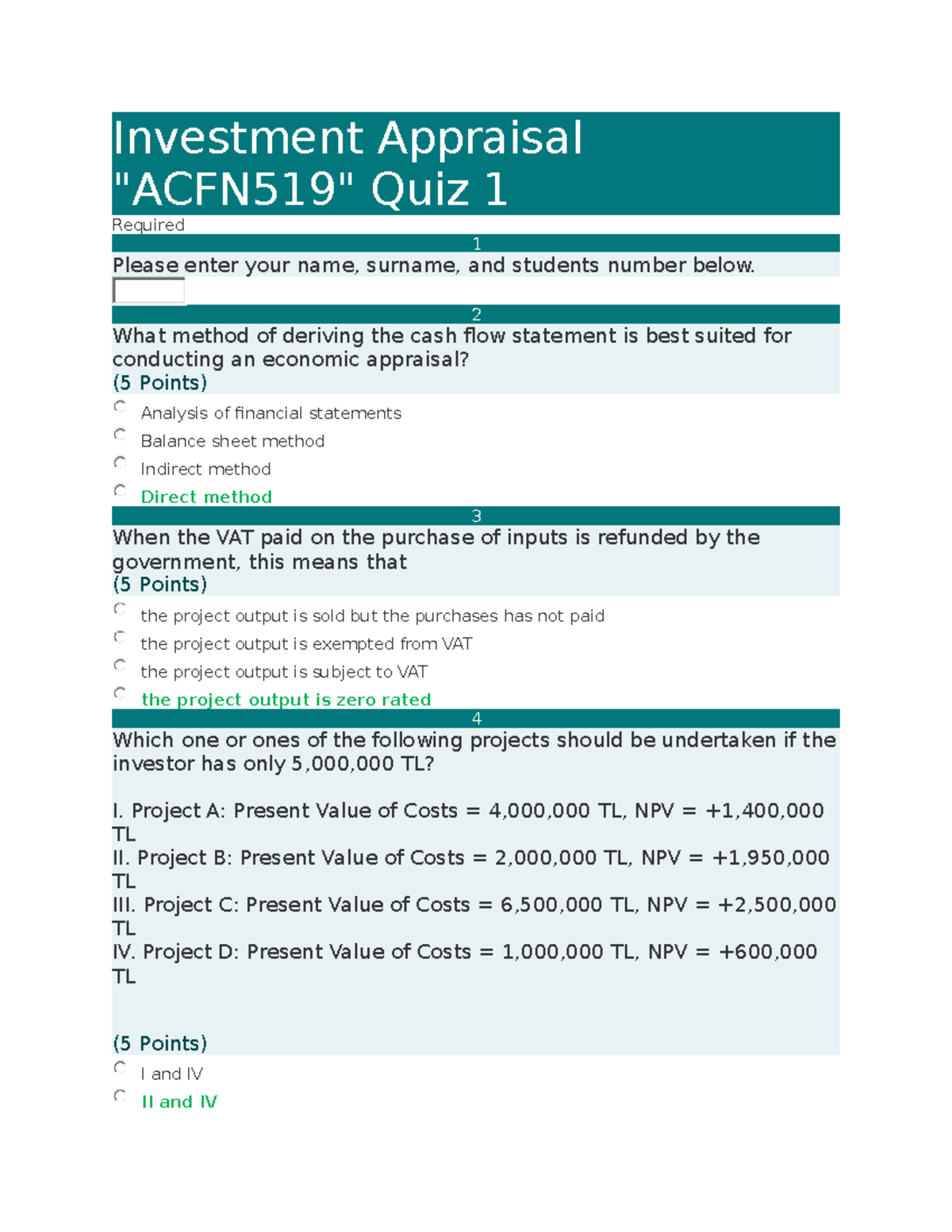 Investment Appraisal quiz-1 - Investment Appraisal "ACFN519" Quiz 1 ...
