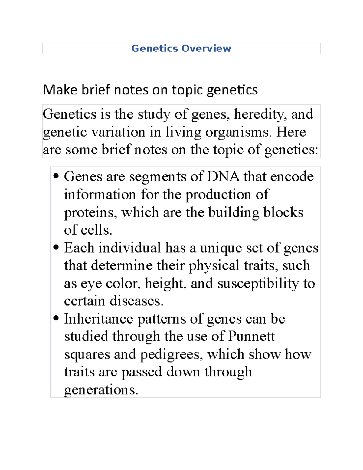 Genetics - Here are some brief notes on the topic of genetics: Genes ...