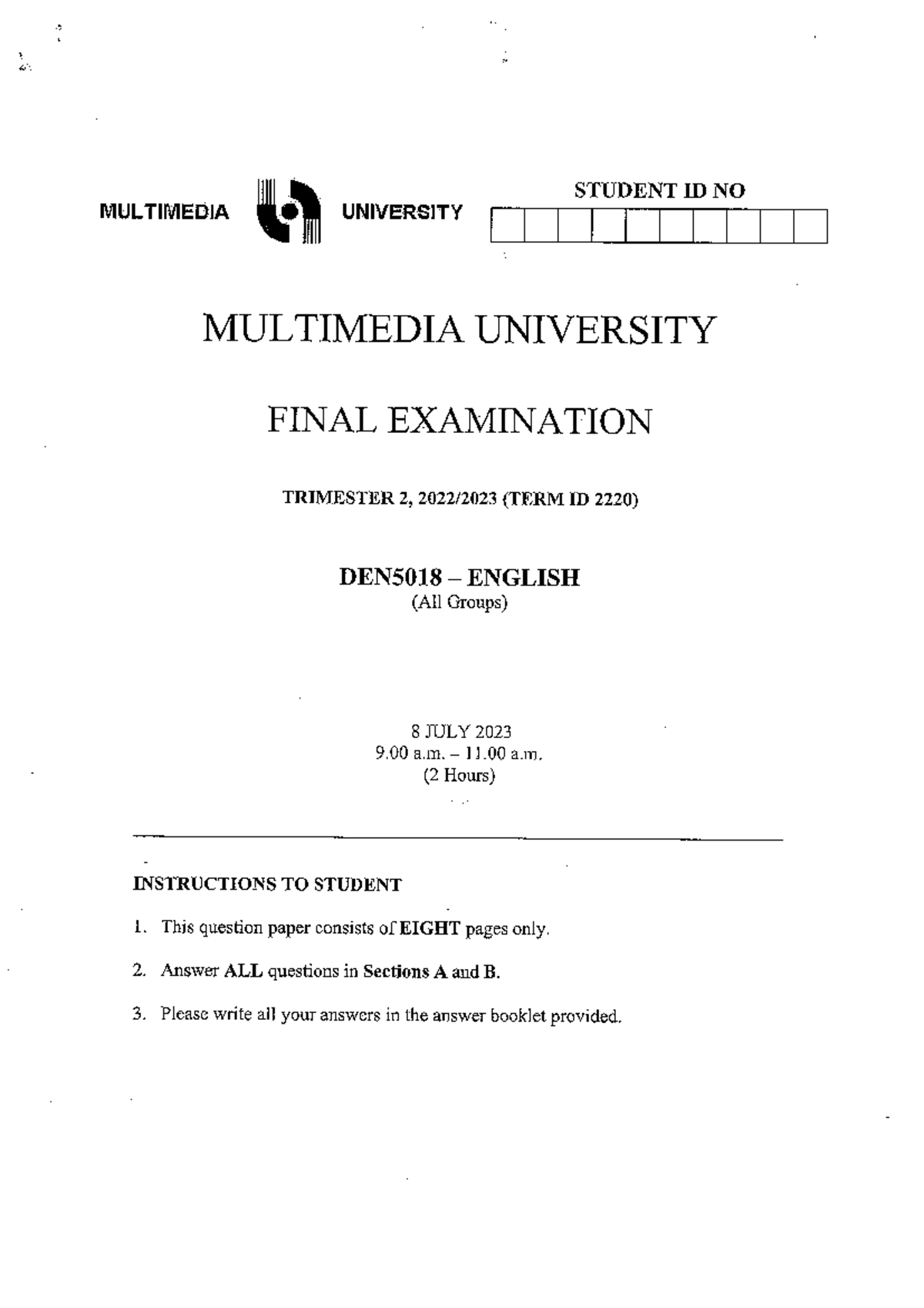 DEN 5018 - Sample Past year paper for practise - STUDENT ID NO ...
