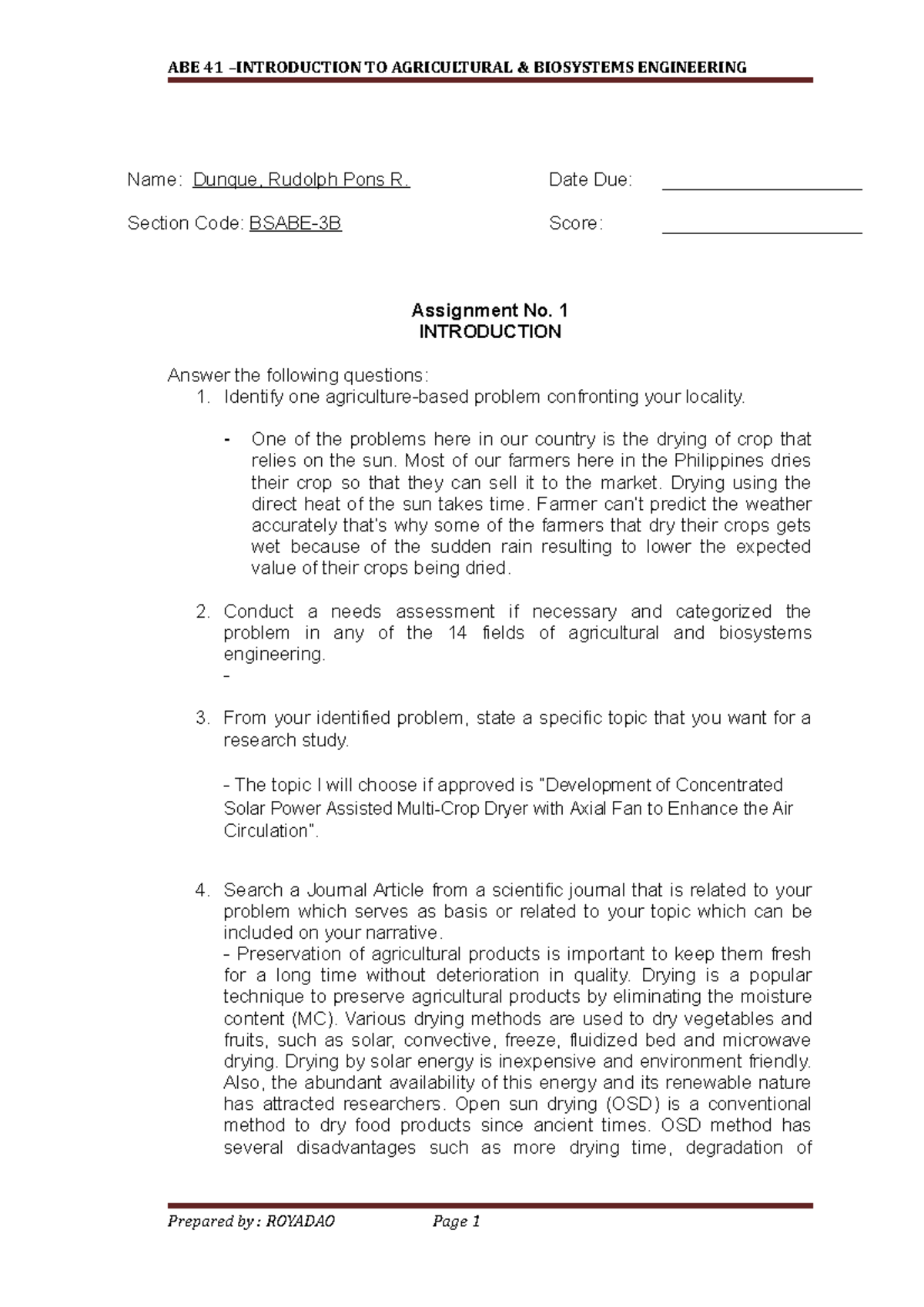 ABE 95 Assignment No - nursing - ABE 41 –INTRODUCTION TO AGRICULTURAL ...