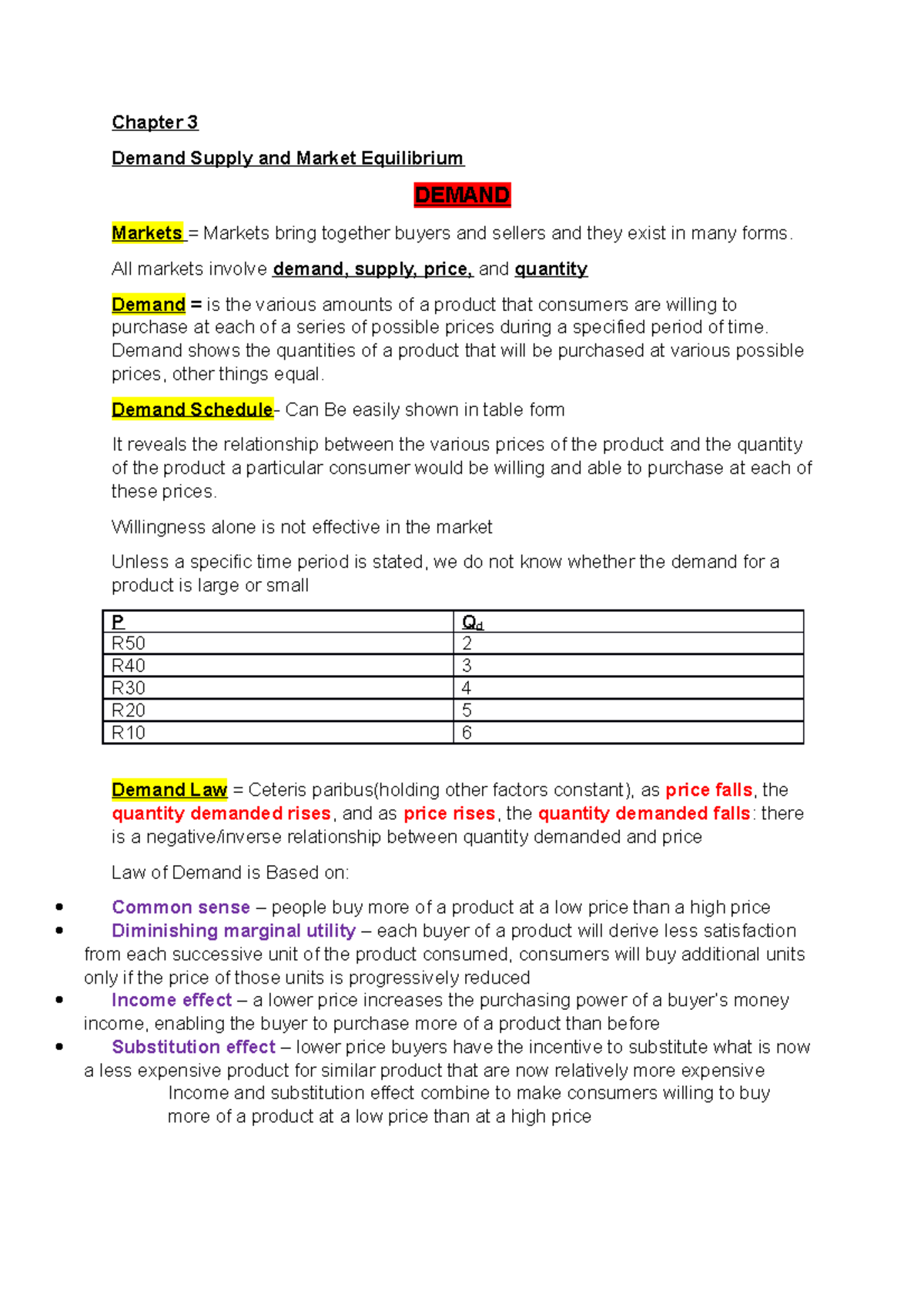 EKN 110-Chapter 3 Summary - Chapter 3 Demand Supply and Market Equilibrium DEMAND Markets ...
