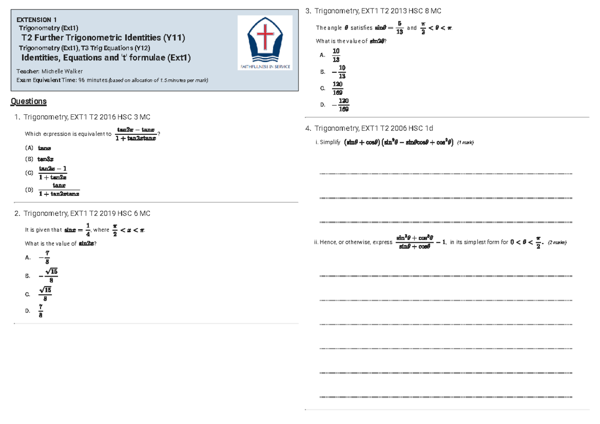 12 EXT 1 HSC Double and Triple Angles - 1. Trigonometry, EXT1 T2 2016 HSC 3 MC 2. Trigonometry ...