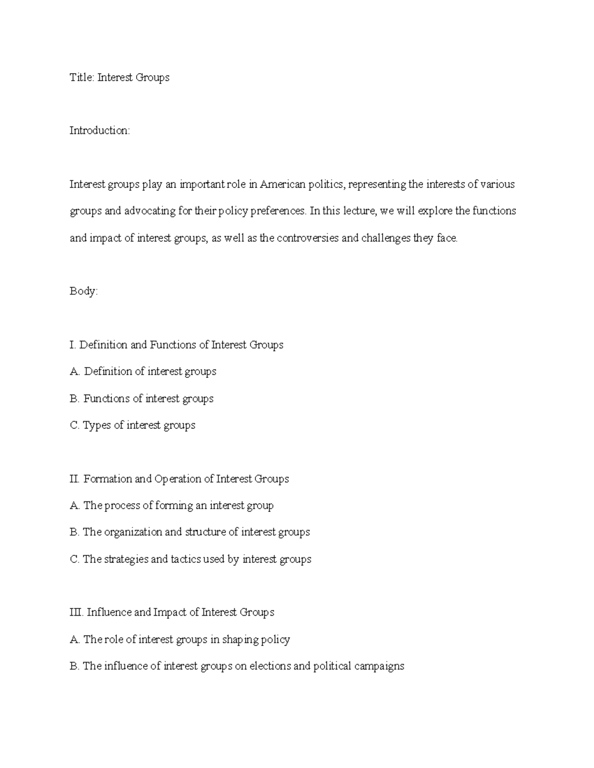 Lecture Notes on Interest Groups - Title: Interest Groups Introduction ...