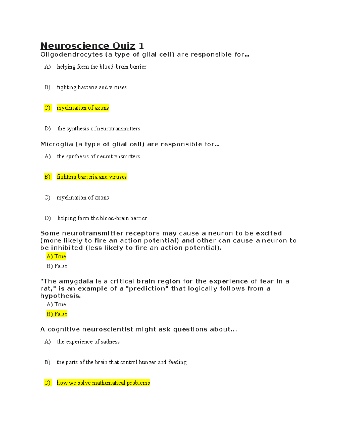 Neuroscience Quiz 1 - practice for quiz 1 - Neuroscience Quiz ...