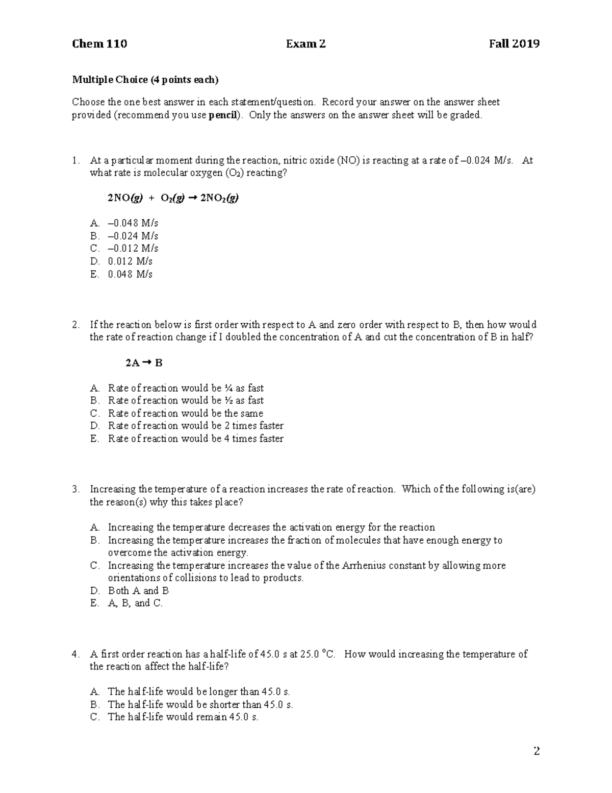 Exam2-110-Fa19 - Practice exam - Multiple Choice (4 points each) Choose ...