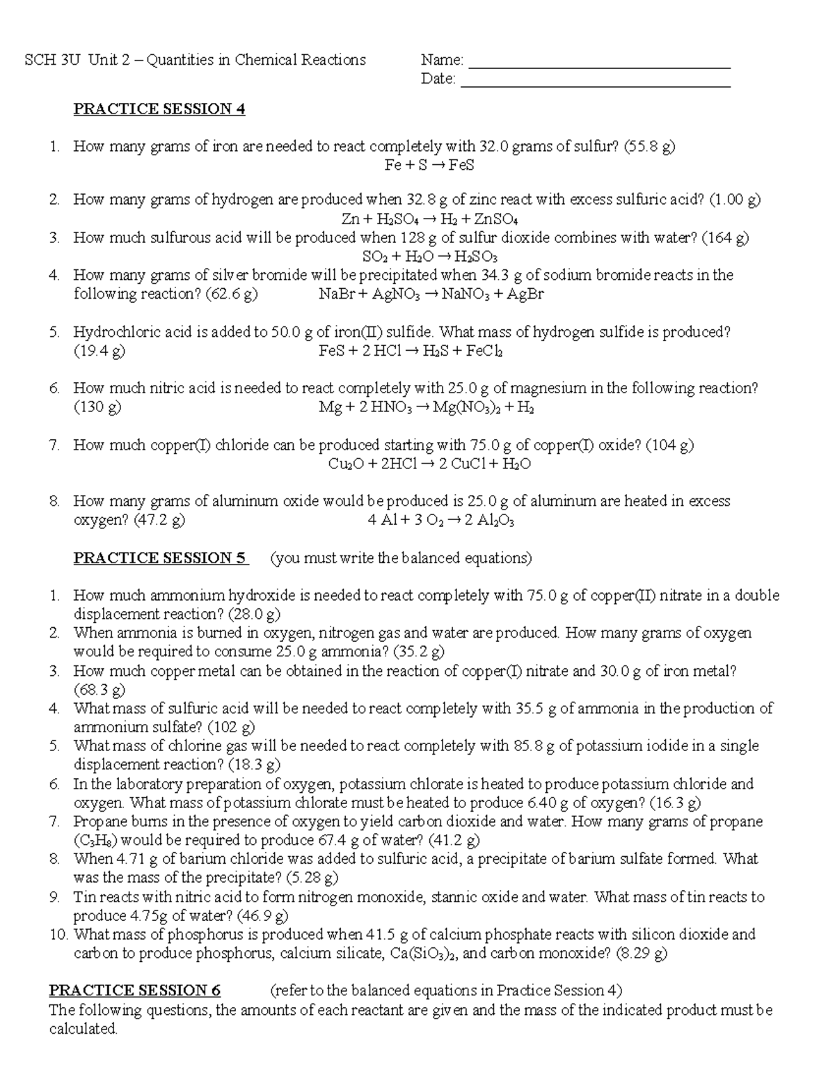Stoichiometry practice sessions - SCH 3U Unit 2 – Quantities in ...
