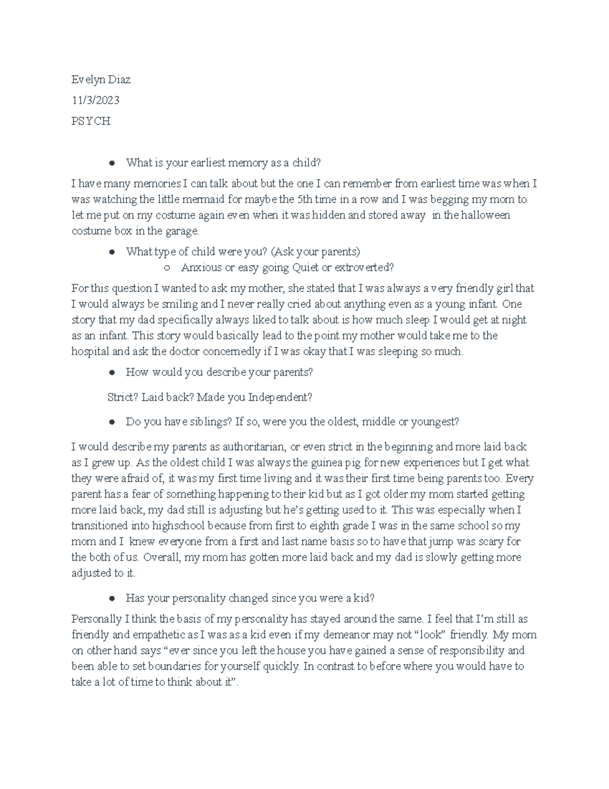 Childhood memories - Evelyn Diaz 11/3/ PSYCH What is your earliest ...